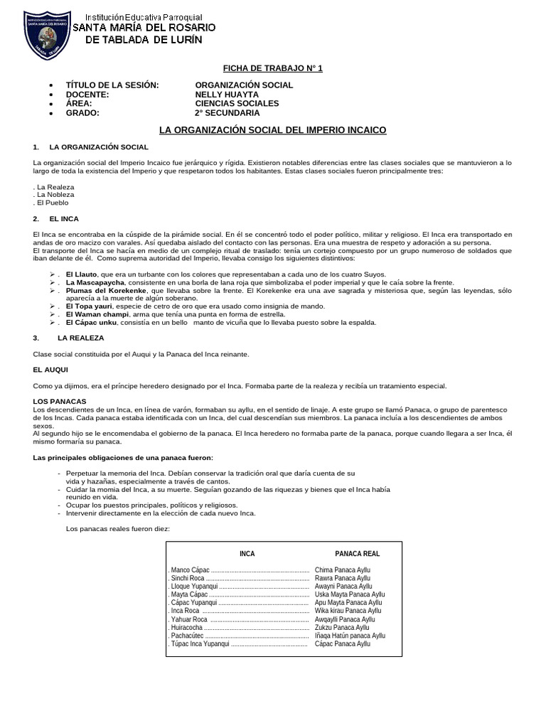 Ficha 1 - 2do Historia | PDF | Imperio Inca | Andes
