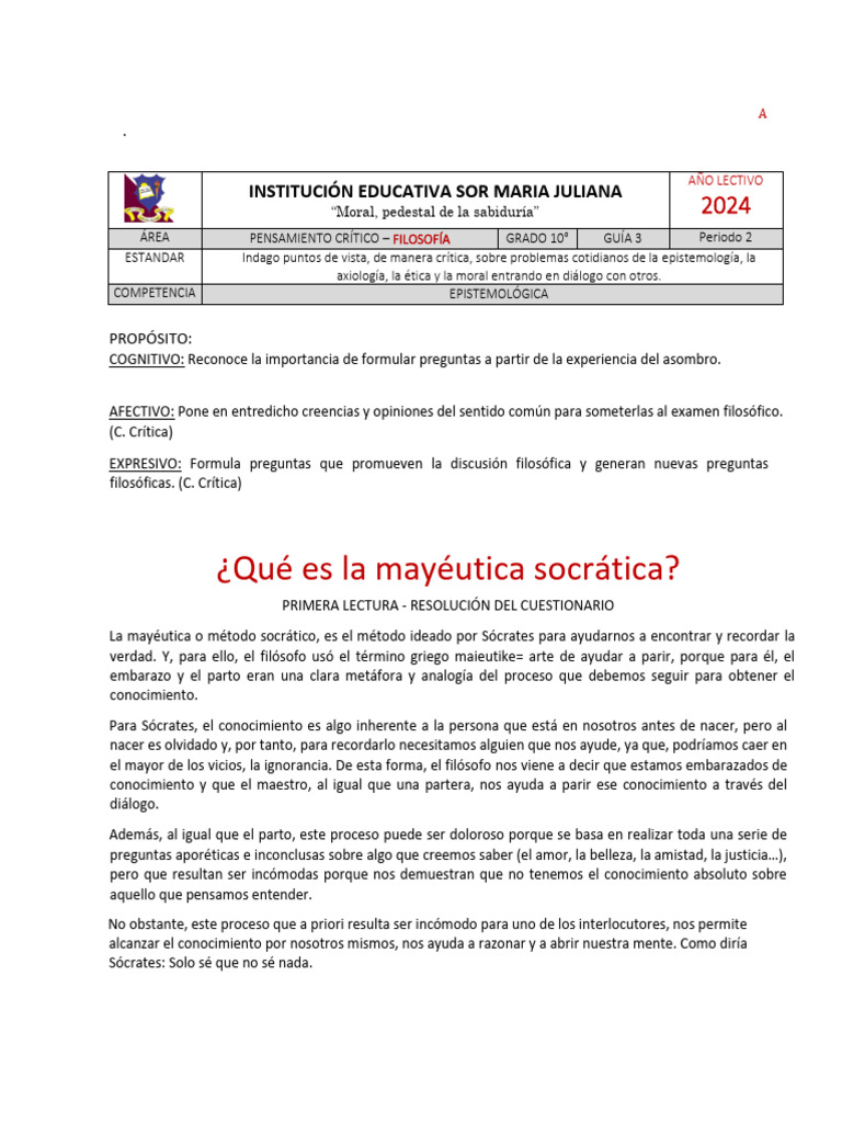La Mayéutica Socrática: Método y Preguntas | PDF | Sócrates | Pensamiento