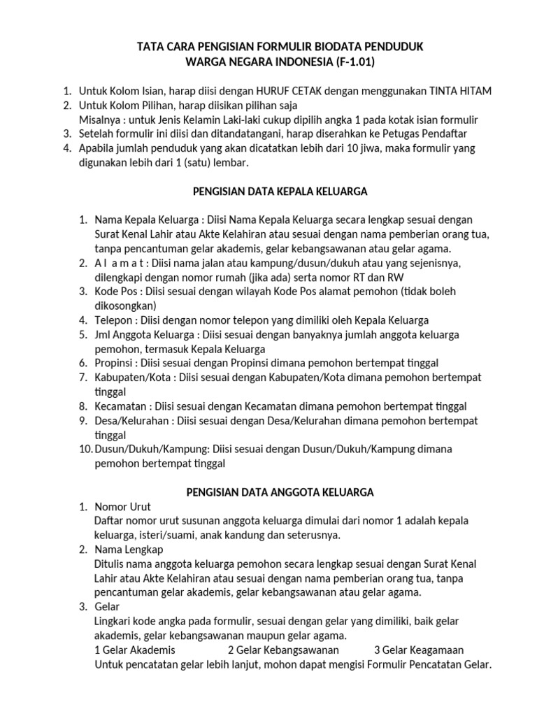 Tata Cara Pengisian F101 Font Besar | PDF