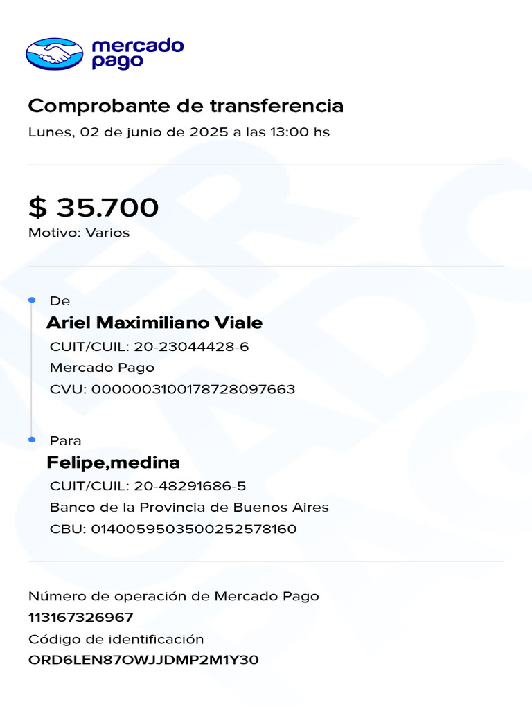Comprobante de Transferencia: Ariel Maximiliano Viale | PDF