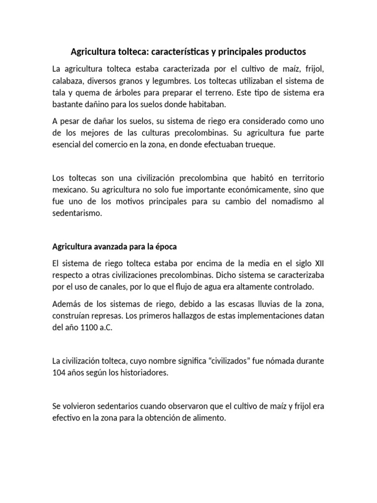 Agricultura y cultivos de los toltecas | PDF | Agricultura | Era ...