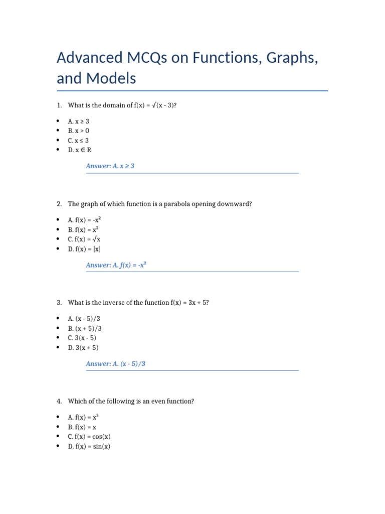 50 Advanced Questions Functions Graphs Models | PDF | Function ...