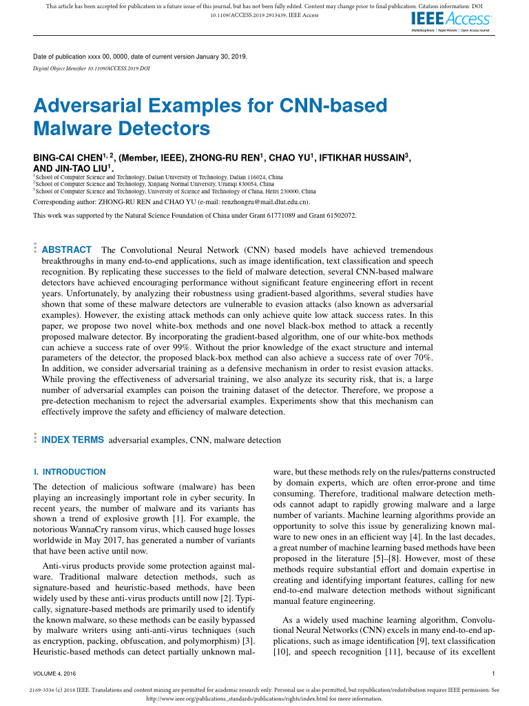 Adversarial Examples for CNN-Based Malware Detecto | PDF | Malware | Machine Learning