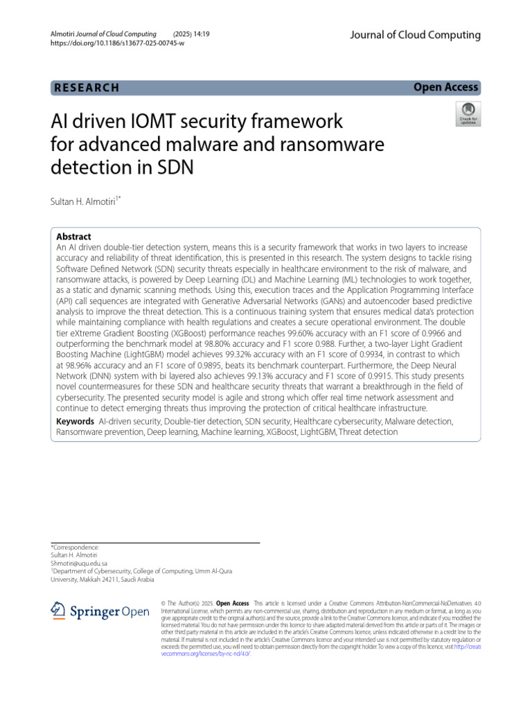 2-AI Driven IOMT Security Framework For Advanced Malware and Ransomware Detection in SDN | PDF ...