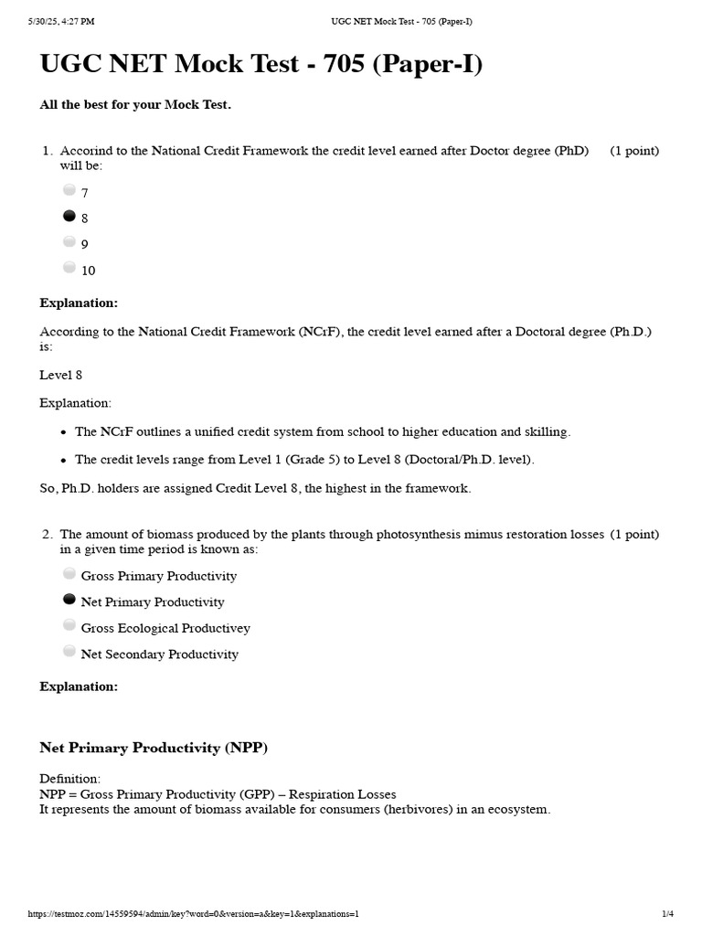UGC NET Paper 1 Mock Test 705 | PDF | Primary Production | Ecology