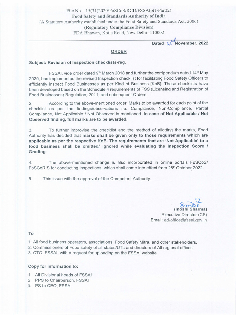 FSSAI Inspection Checklists | PDF