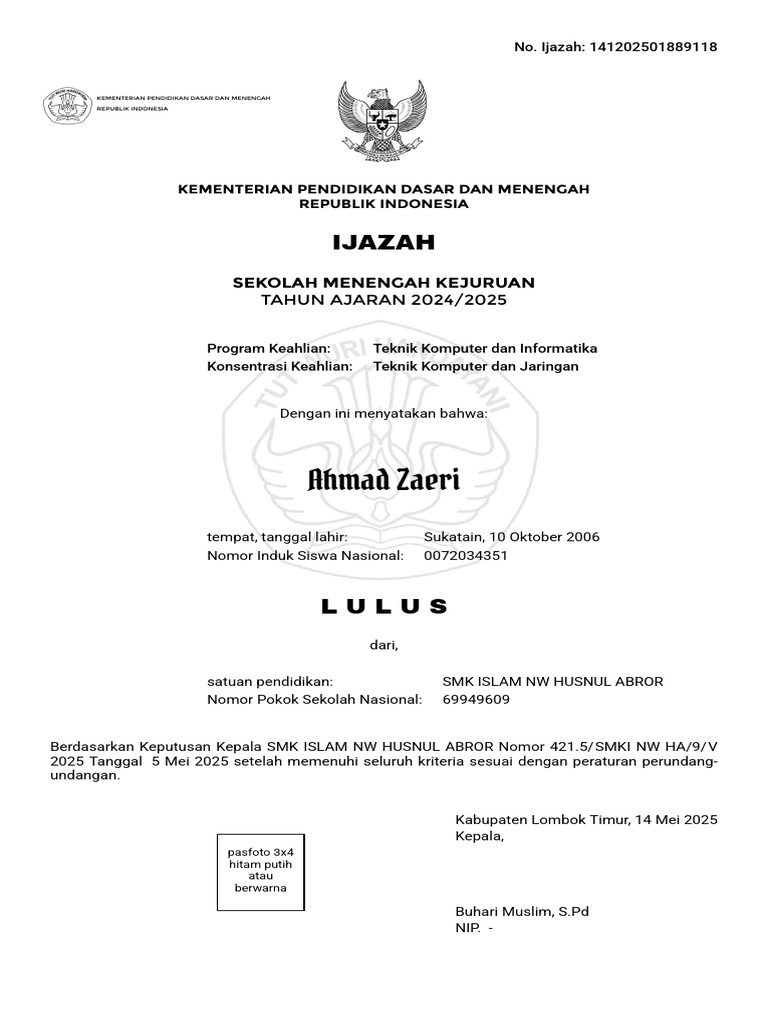 Ijazah SMK Islam NW Husnul Abror | PDF
