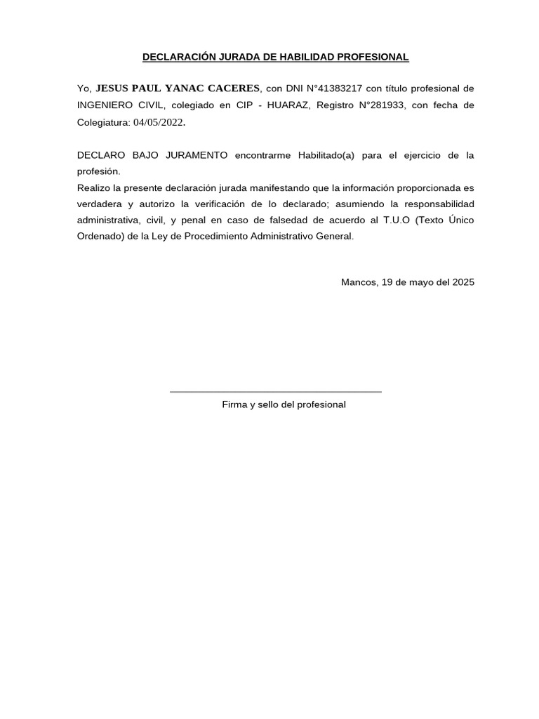Declaración Jurada de Habilidad Profesional | PDF