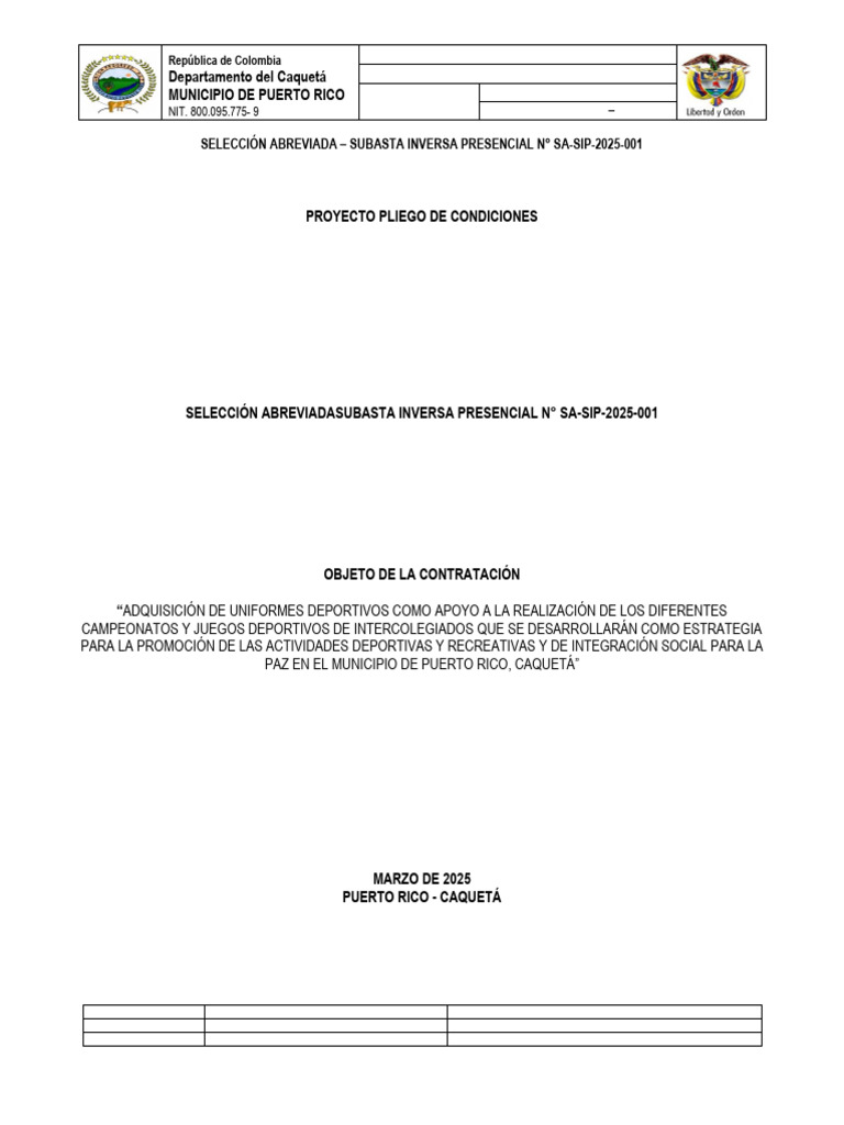 Proyecto de Pliegos SA-SIP-2025-001 | PDF