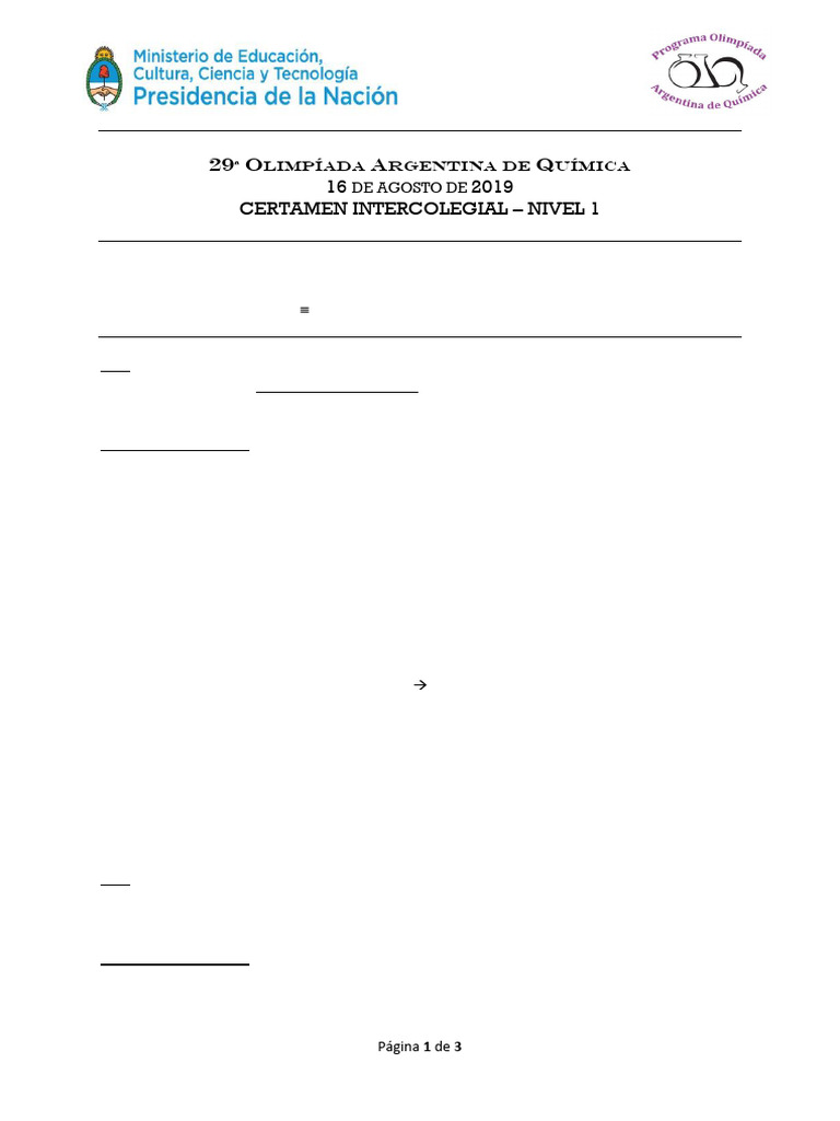 OAQ Intercolegial - Examen Nivel 1 - Enunciado - 2019 | PDF | Compuestos químicos | Enlace químico