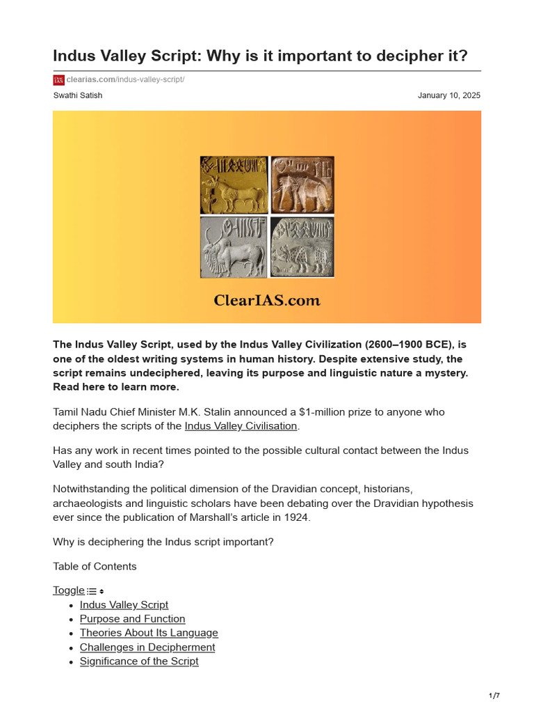Indus Valley Script Why Is It Important To Decipher It | PDF