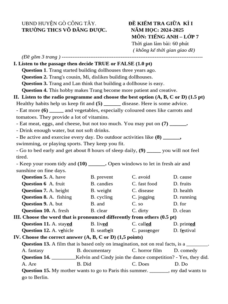 ĐỀ-KTGK1-GRADE7 (2024-2025) | PDF