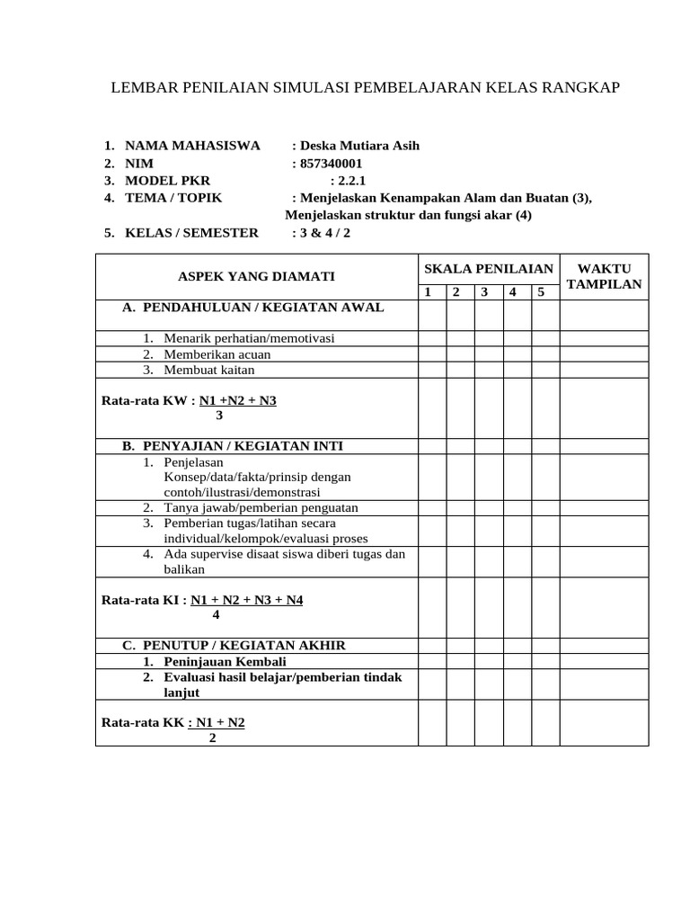 Lembar Penilaian Simulasi Pembelajaran Kelas Rangkap-1 | PDF