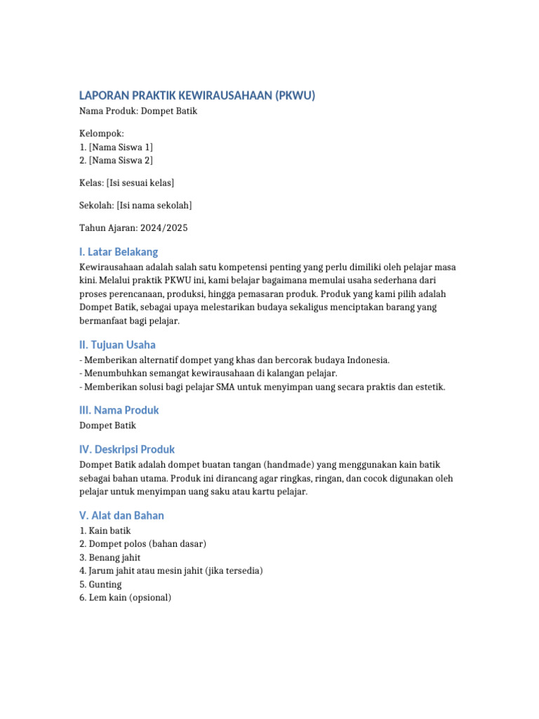 Laporan PKWU Dompet Batik Dengan Foto-1 | PDF
