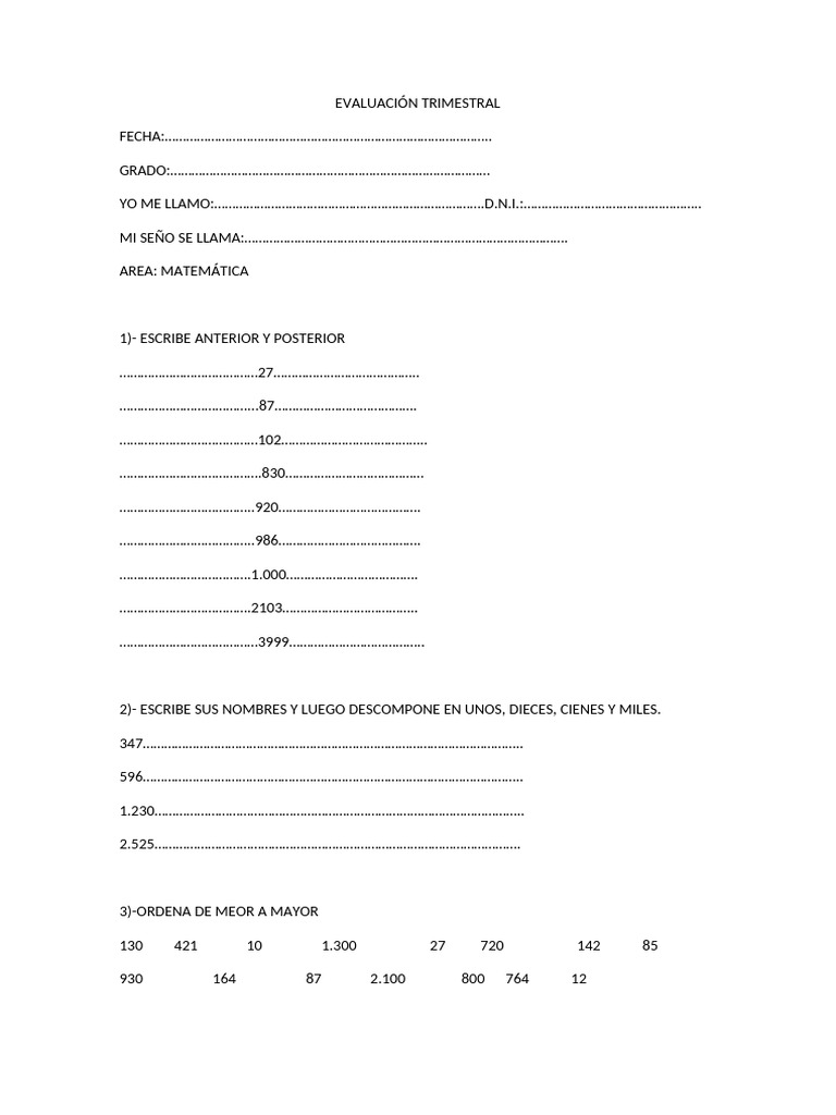 Evaluación Trimestral Sara | PDF