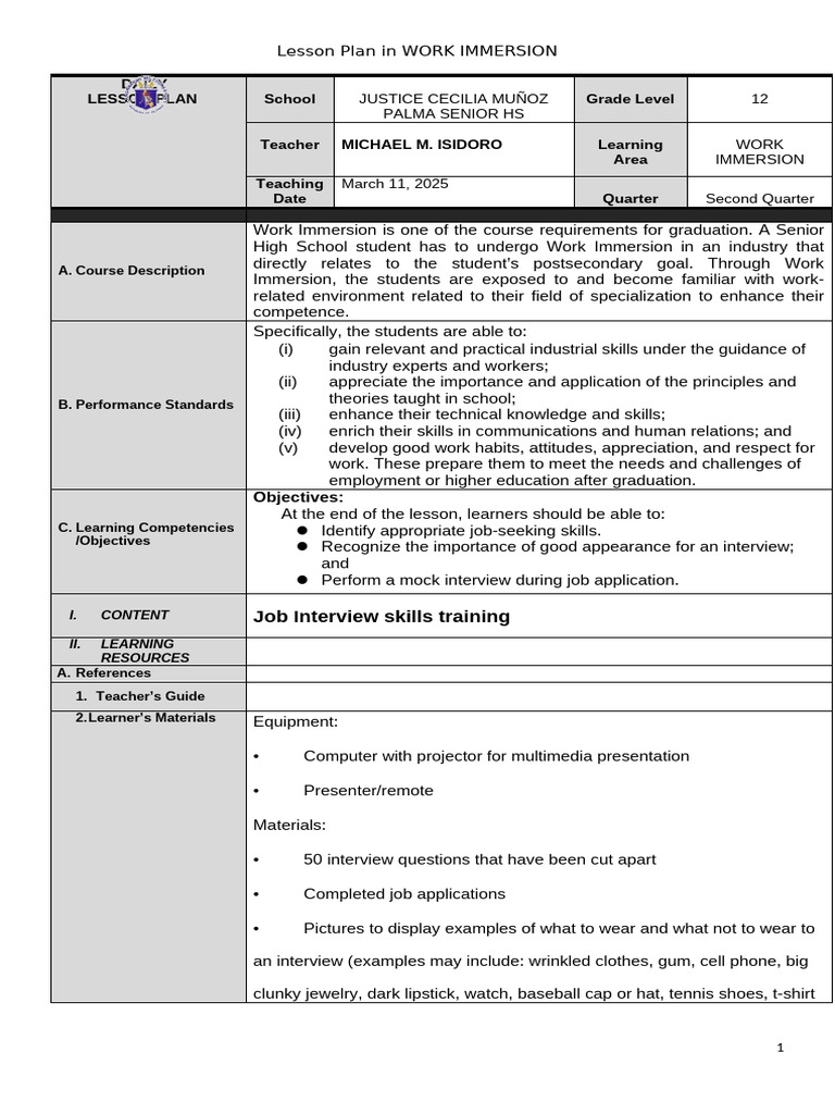 Lesson Plan in WORK IMMERSION_for Demo Teaching | PDF | Lesson Plan | Learning