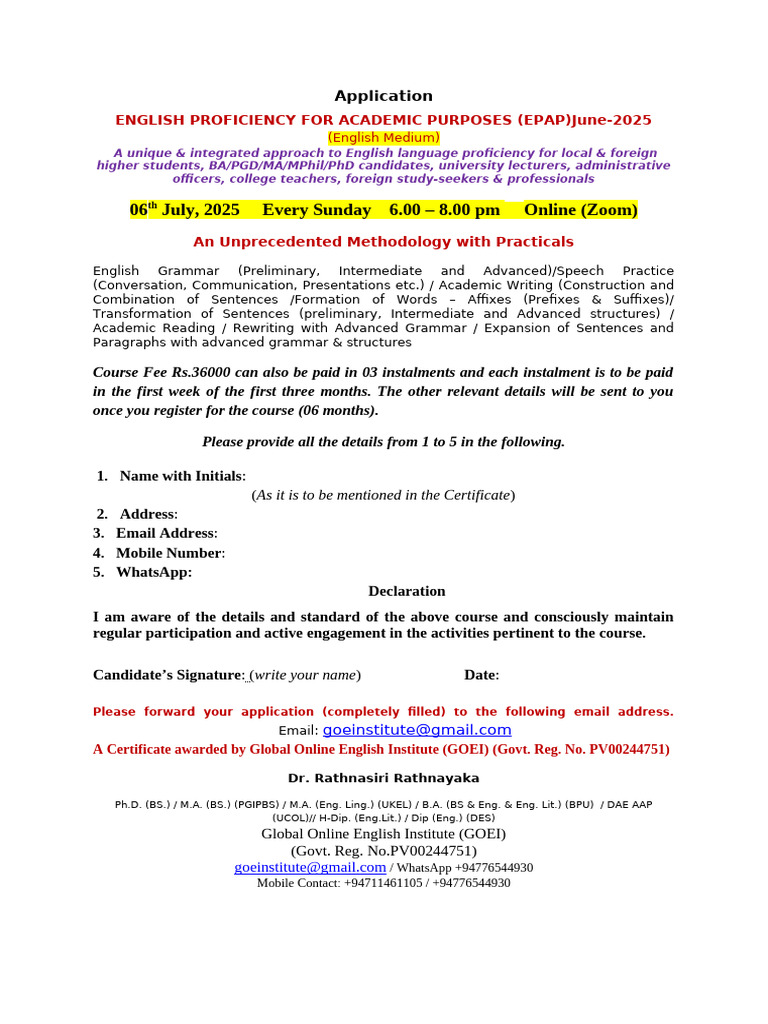 Application Form - EPAP - 2025 (July-Dece) INTAKE | PDF | English ...