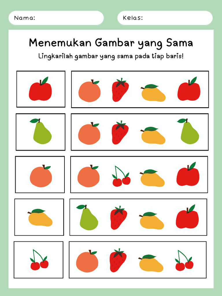Lembar Kerja PAUD Menemukan Gambar Yang Sama Tema Buah Ilustrasi Hijau ...