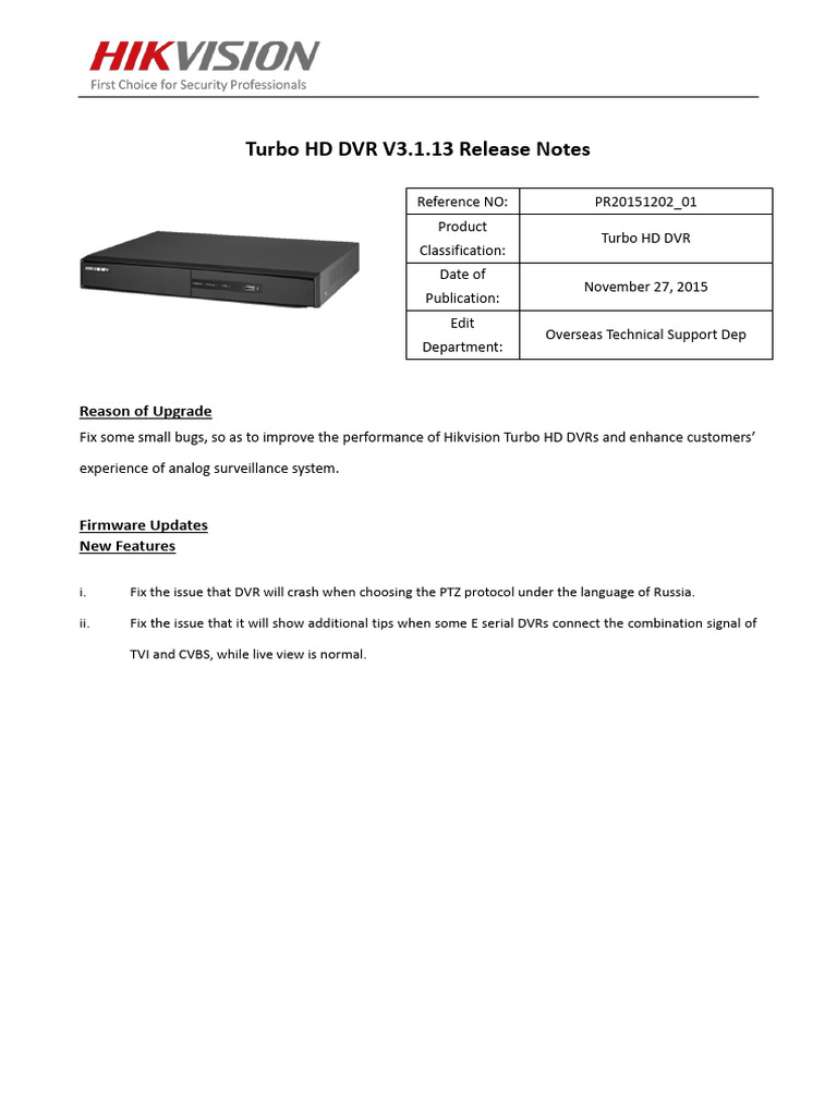 Turbo HD DVR V3.1.13 Release Notes | PDF | Digital Video Recorder ...