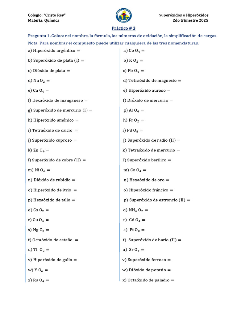 2do Sec - 3er Practico - 2do Trimestre 2025 | PDF | Superóxido | Elementos químicos
