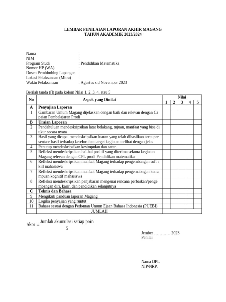 Lembar Penilaian Laporan Akhir Magang DPL | PDF