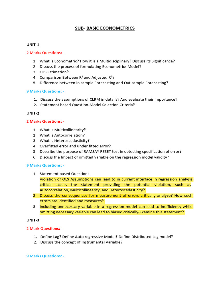 Basic Econometrics-Selective Questions | PDF | Econometrics | Regression Analysis