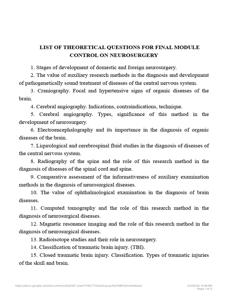 Neurosurgery Final Module Questions | PDF | Neurosurgery | Traumatic ...