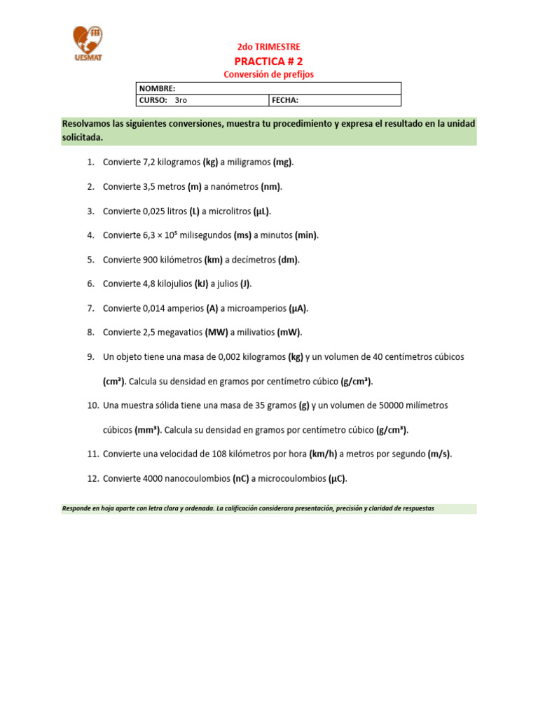2T. FISICA-3RO. PRACTICA 2-Conversiones de Prefijos | PDF