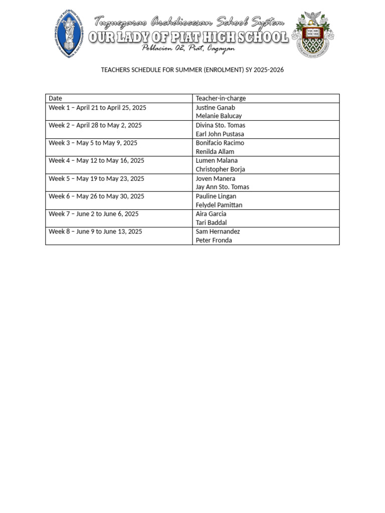Teachers Schedule For Summer | PDF