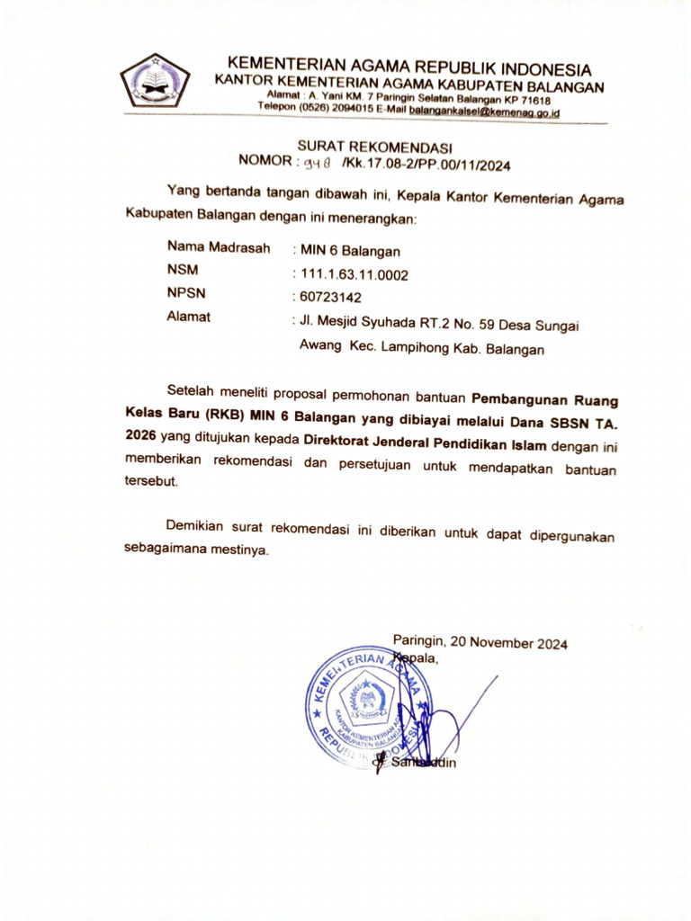Surat Rekomendasi SBSN 2026 Min 6 Balangan | PDF