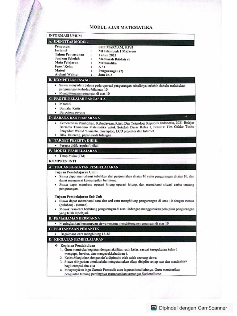 Modul Ajar Matematika Kls 1 | PDF