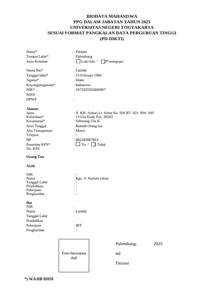 Biodata PPG 2025 Uny | PDF