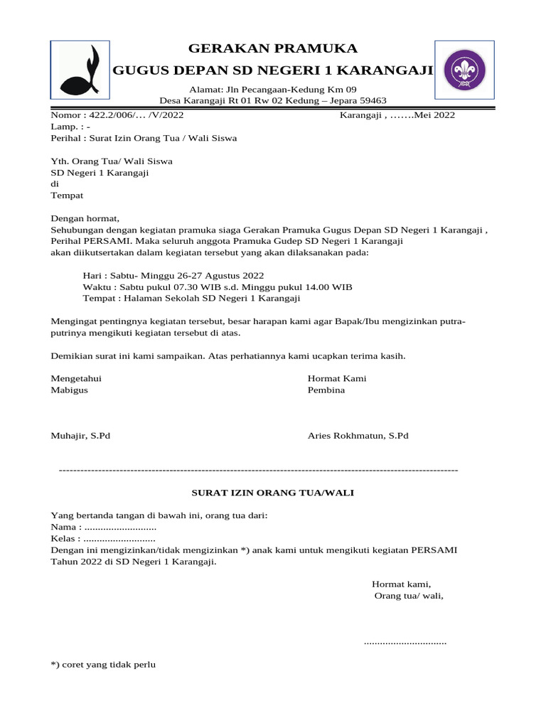Surat Izin Kegiatan PERSAMI Pramuka SDN 1 | PDF