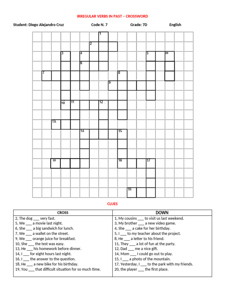 Irregular Verbs Crossword Puzzle | PDF
