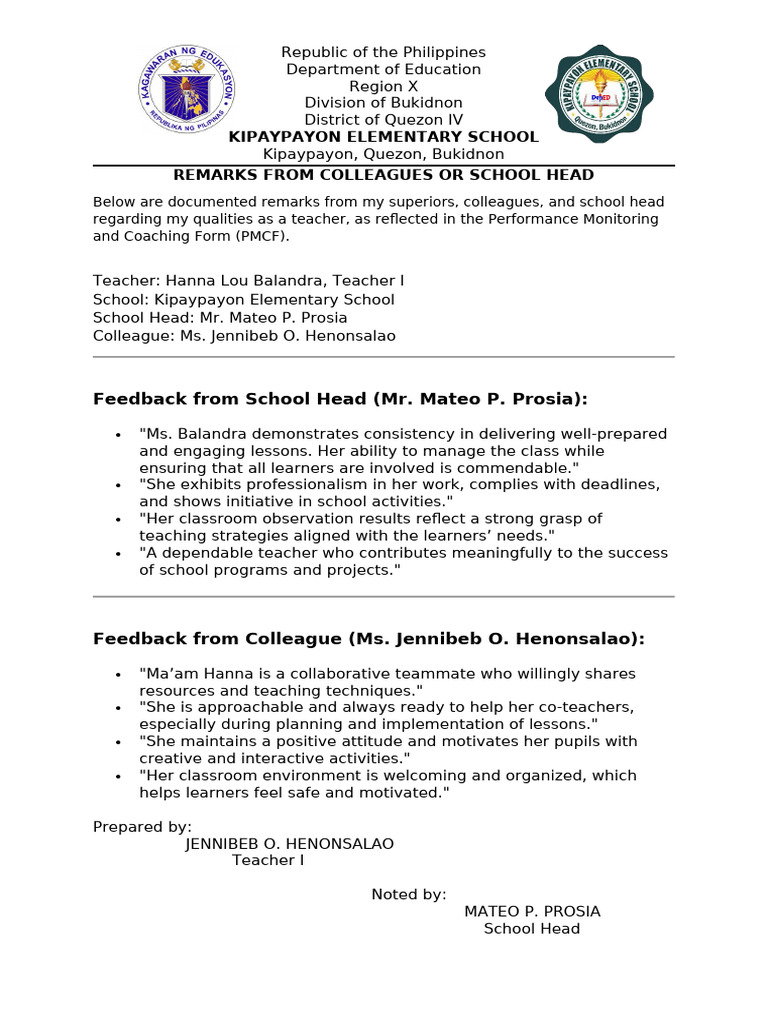 Remarks From Colleagues or School Head | PDF