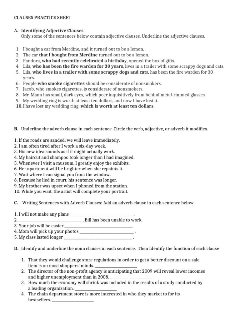 Clauses Practice Sheet | PDF | Hartford | Adverb