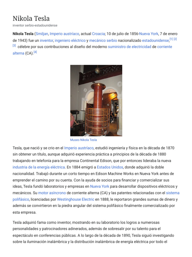 Nikola Tesla - Wikipedia, La Enciclopedia Libre | PDF | Nikola Tesla ...