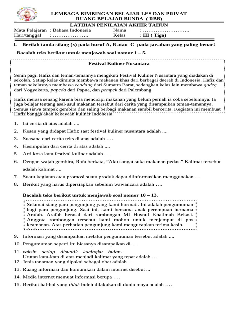 Soal Asat b. Indonesia Kls 3 2025 | PDF