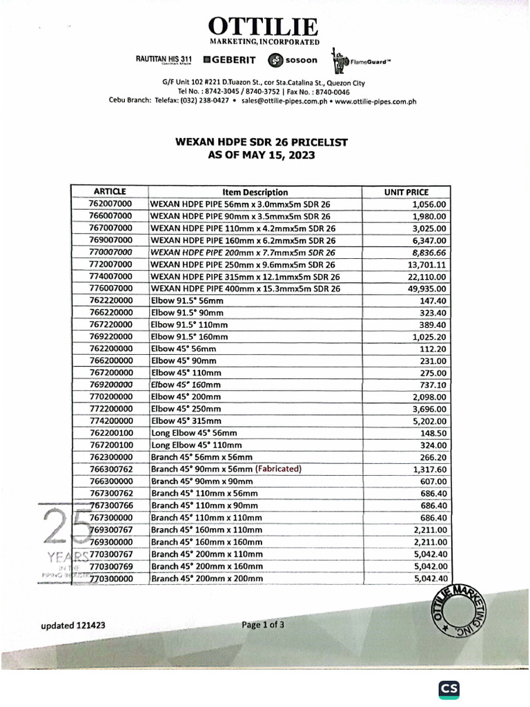 Wexan HDPE SDR26 Pricelist - 15mar2023 | PDF
