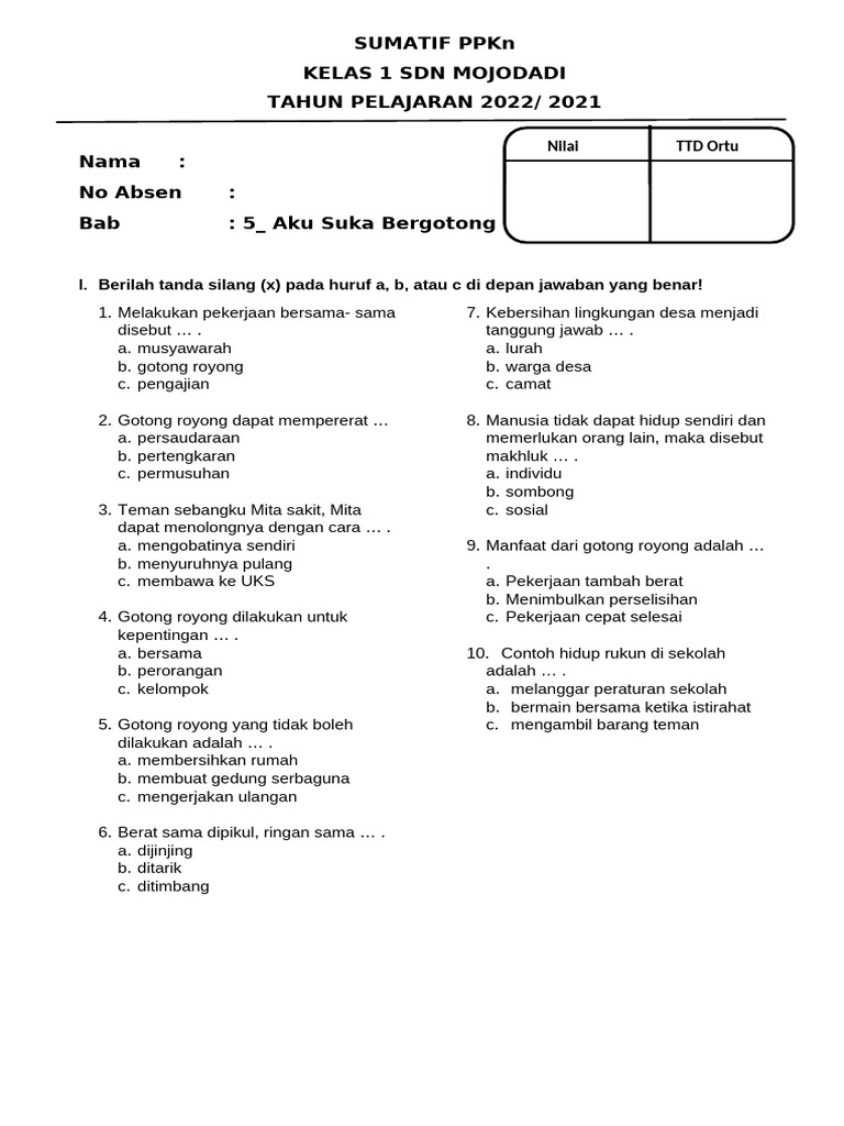 Sumatif PPKN - Bab5 - Aku Suka Gotong Royong | PDF