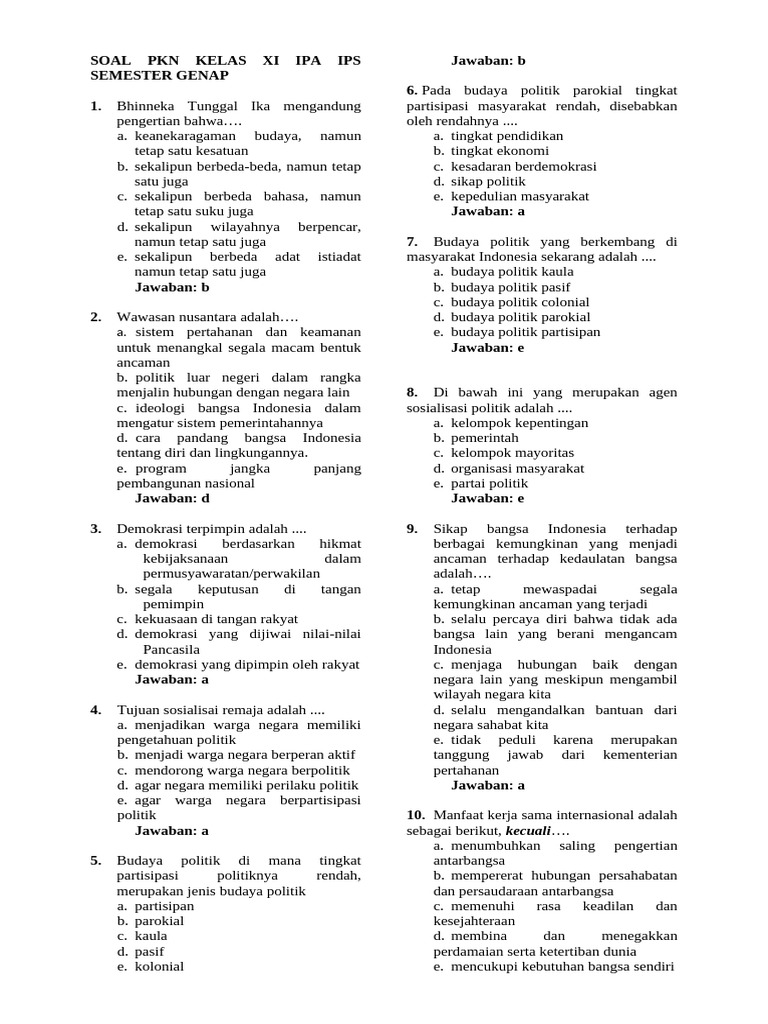 Soal PKN SMT 2 Kelas Xi Ipa Ips Kunci | PDF