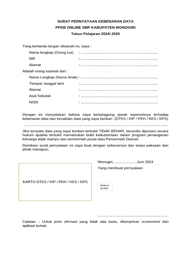 Surat Pernyataan Kebenaran Data PPDB Jalur Afirmasi | PDF