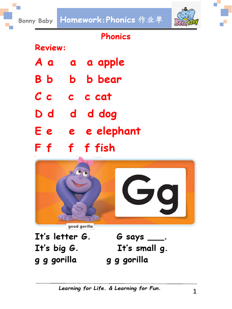 Phonics Homework: Letter G Focus | PDF