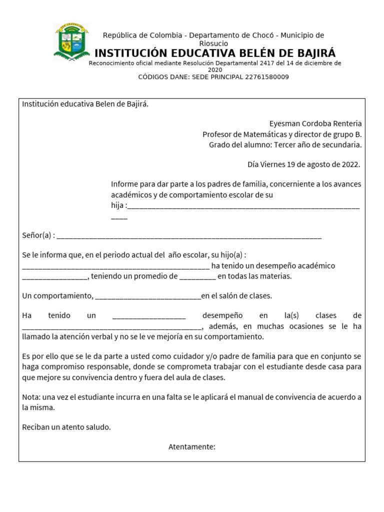 Ejemplo de Informe Escolar | PDF | Escuelas | Maestros