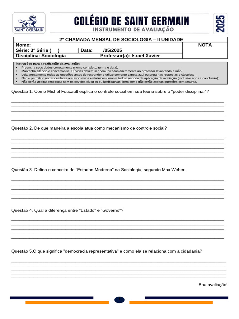 2cha-Men-3ano-Soc-Ii Bim-2025 | PDF | Sociologia