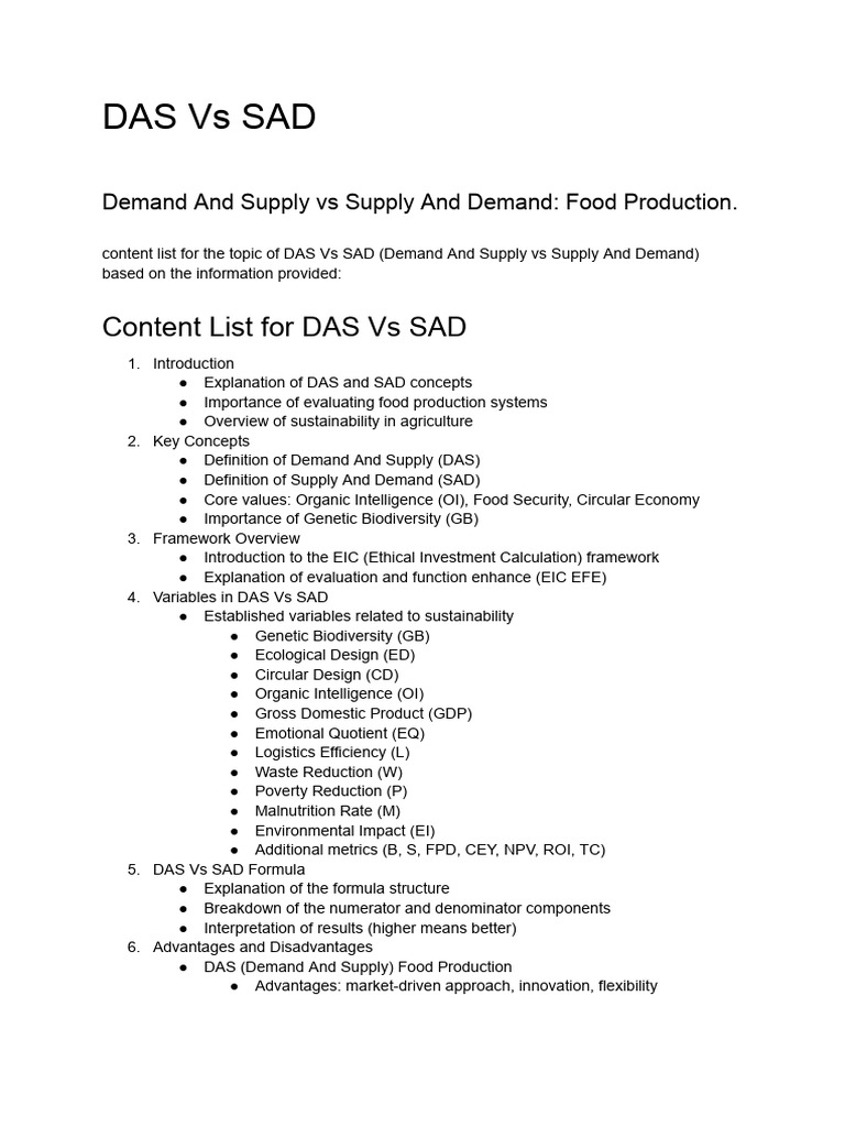 DAS Vs SAD Demand and Supply Vs Supply and Demand - Food Production ...