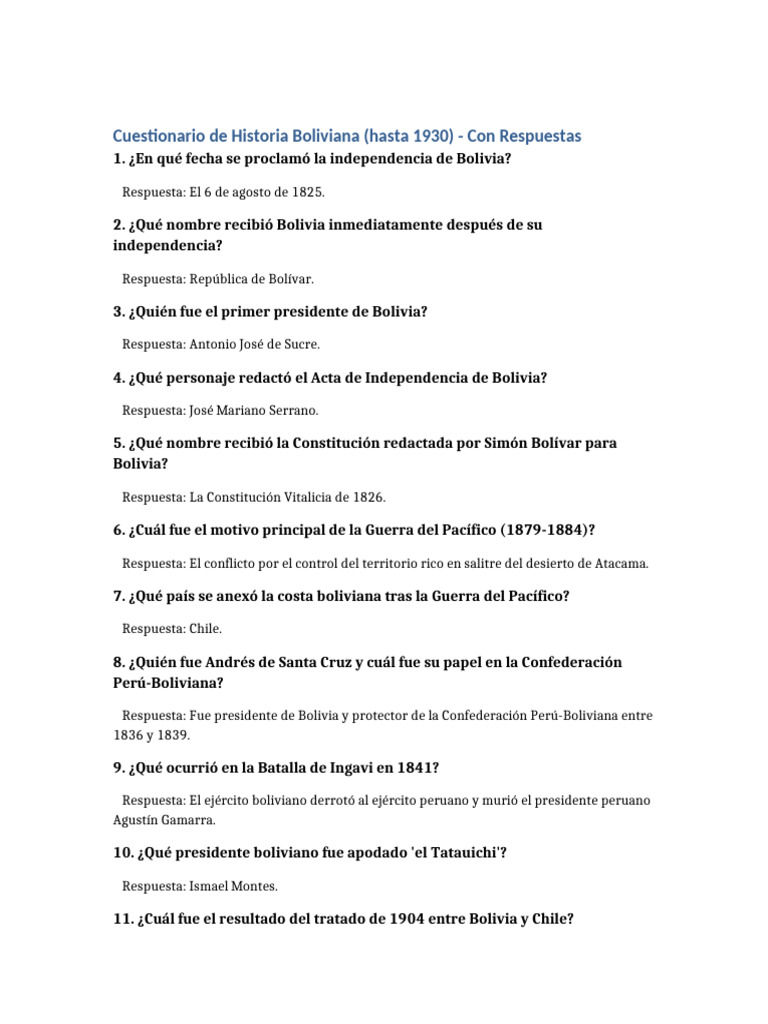 Cuestionario Historia Boliviana Respuestas | PDF | Bolivia | América ...