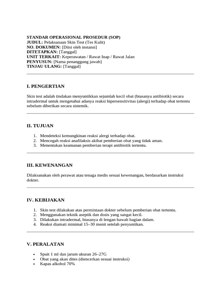 STANDAR OPERASIONAL PROSEDUR Skin Tes | PDF