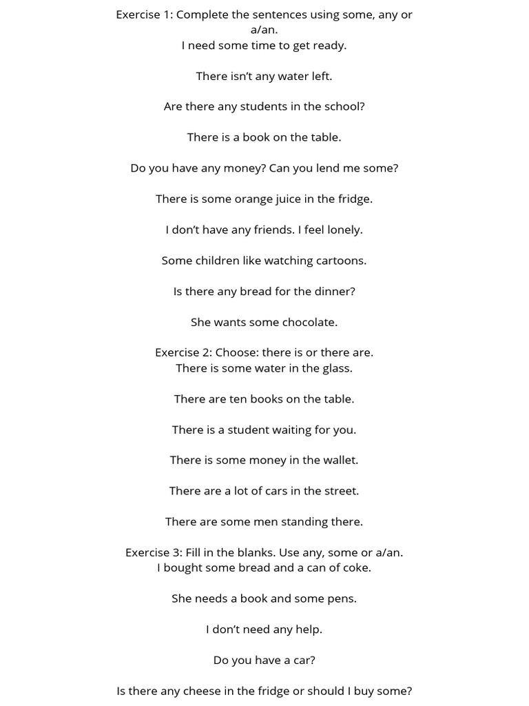 Grammar Exercises: Some, Any, A/An Usage | PDF