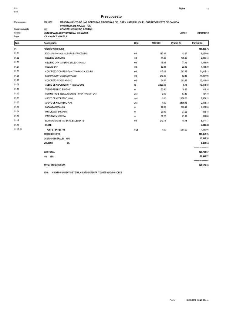 Presupuesto Ponton Dren Cajuca | PDF